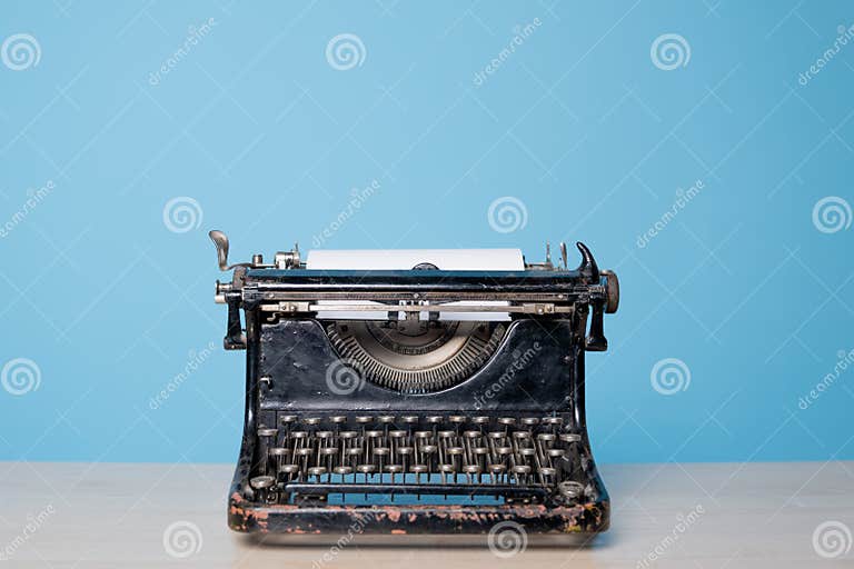Retro Vintage Typewriter, Front View, Blue Background. Stock Image ...