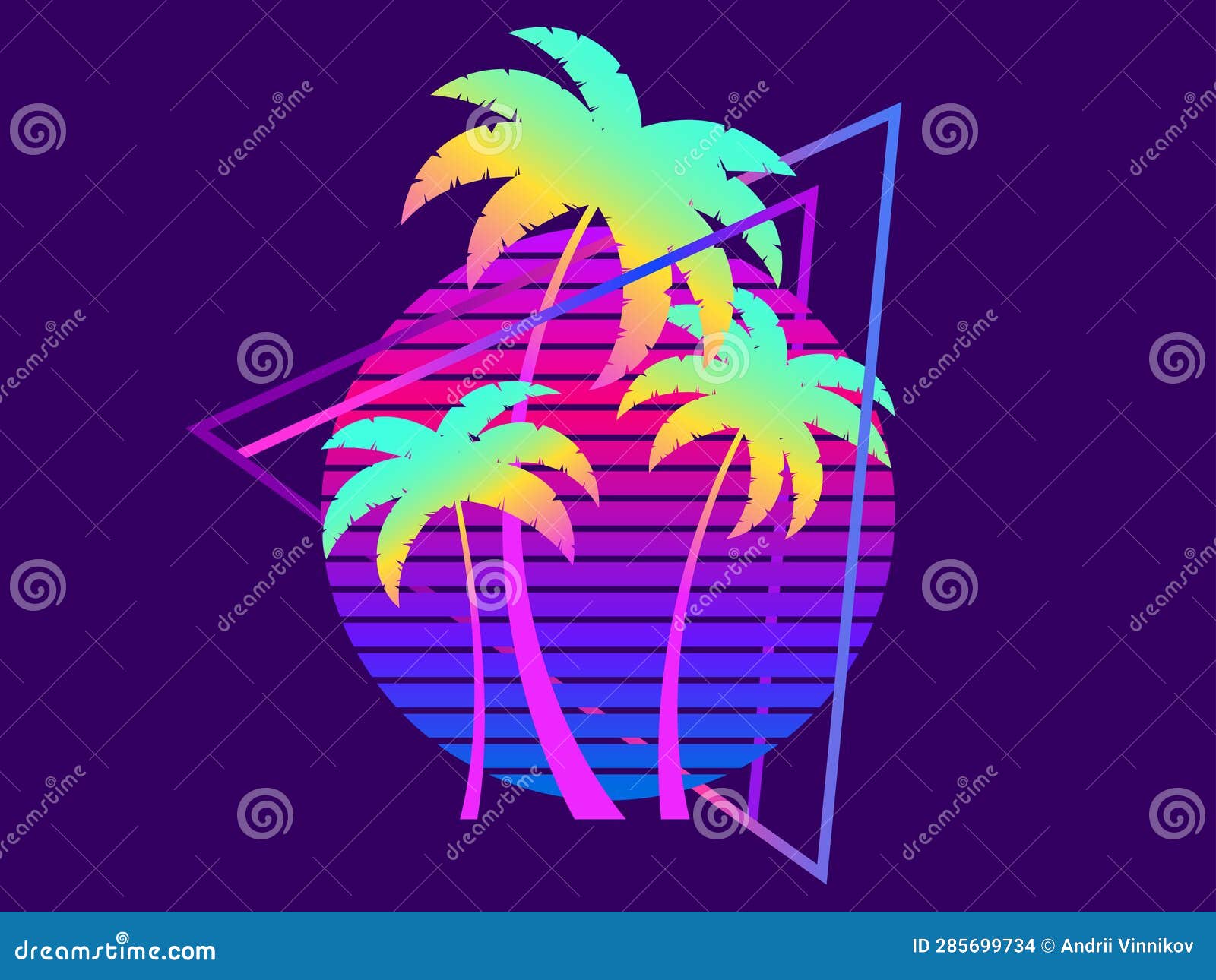 Retro Waves Banner With Sun And Palm Trees In Triangular Frame ...