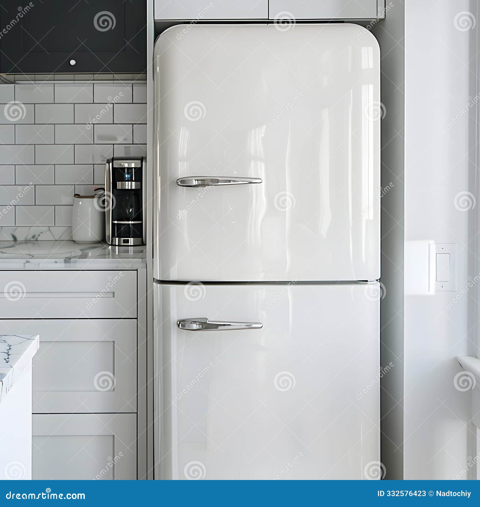 Retro White Refrigerator in Modern Kitchen with Subway Tile Stock Image ...