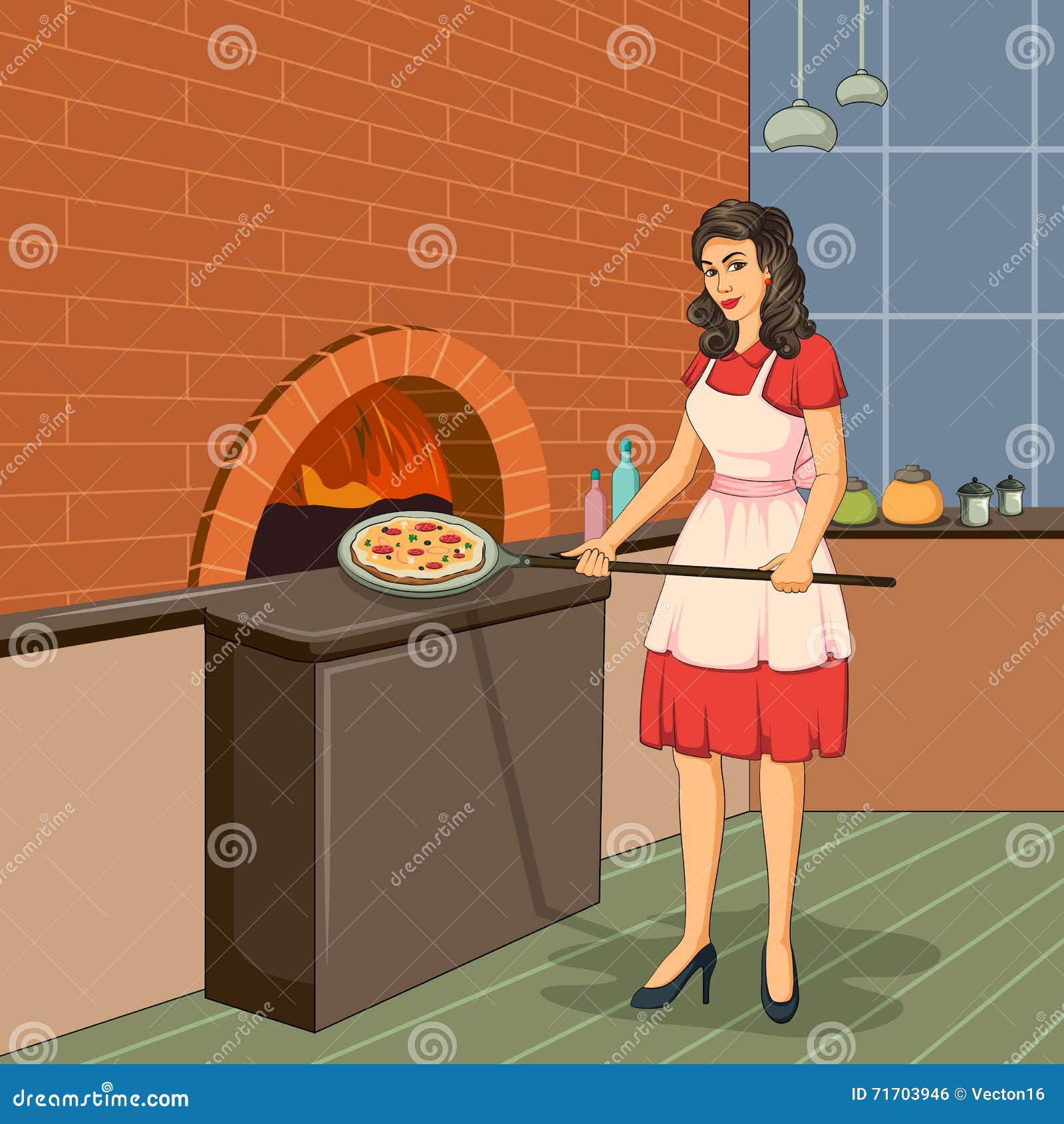 Retro Woman Baking Pizza in Fire Oven Stock Illustration - Illustration ...