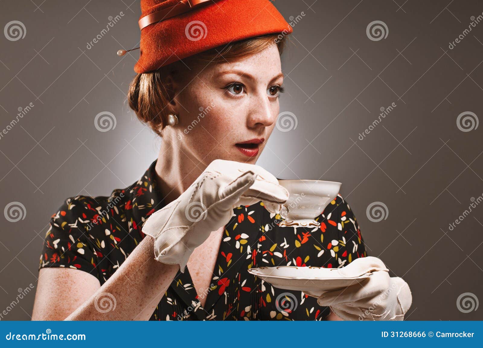 Retro Woman Drinking Her Tea Stock Photo - Image of femininity, away ...