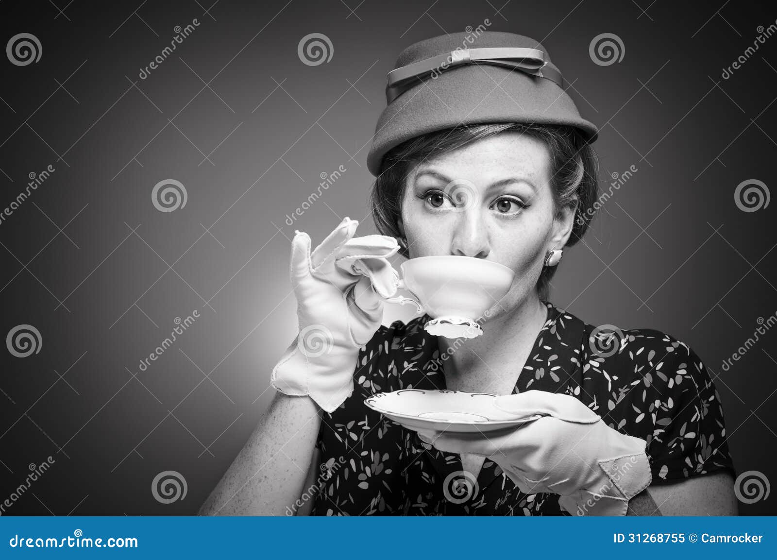 Retro Woman Drinking Her Tea Stock Image - Image of drinking, elegance ...