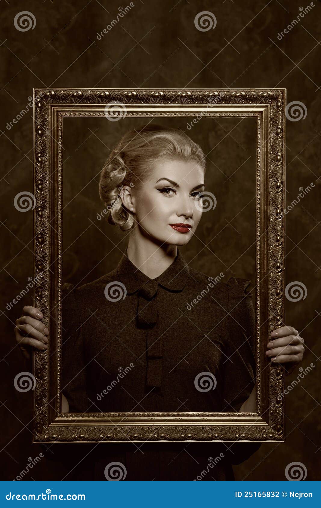 Retro Woman Holding a Picture Frame in Her Hands Stock Photo - Image of ...