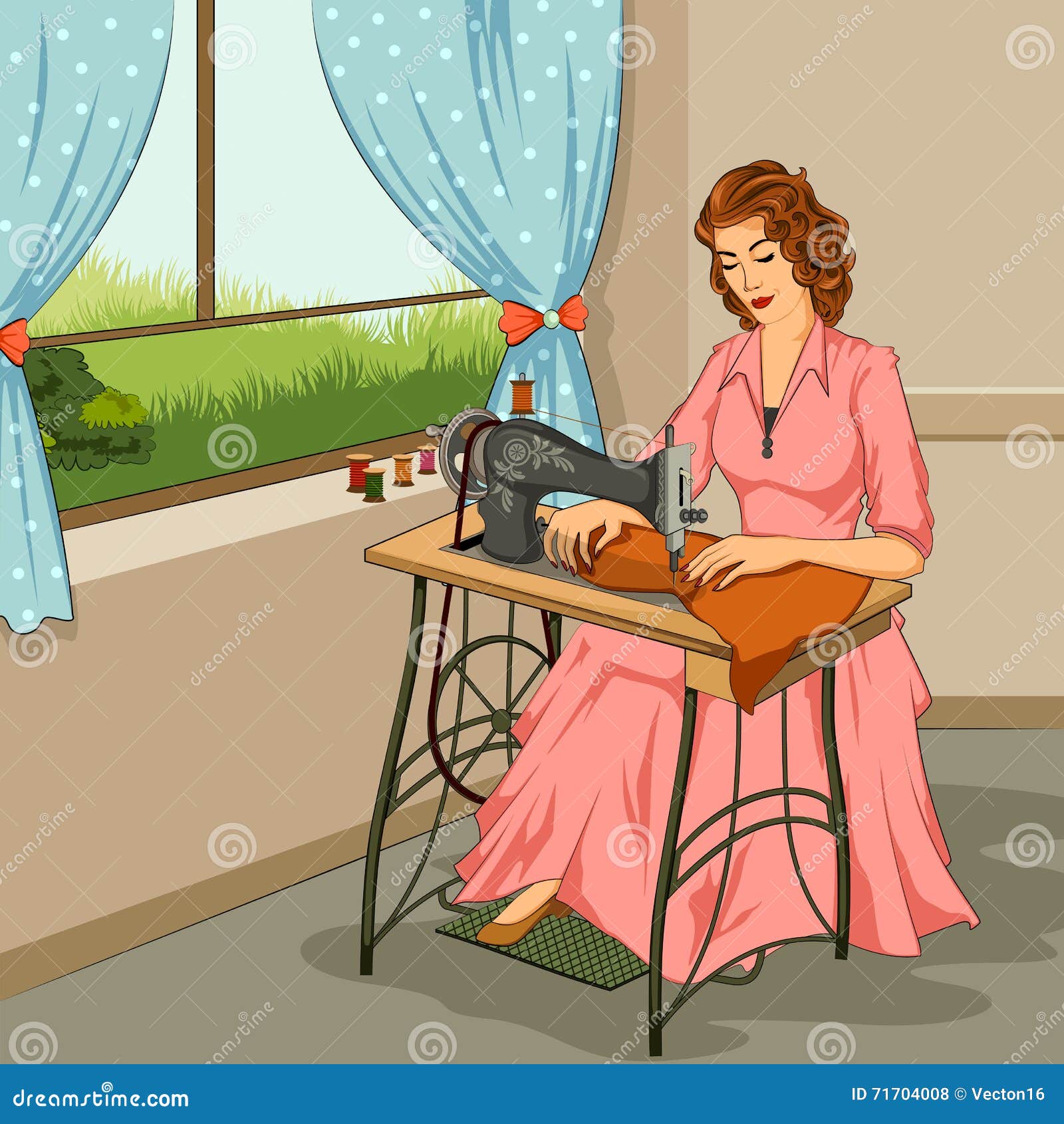 Retro Woman Making Dress In Sewing Machine Stock Illustration