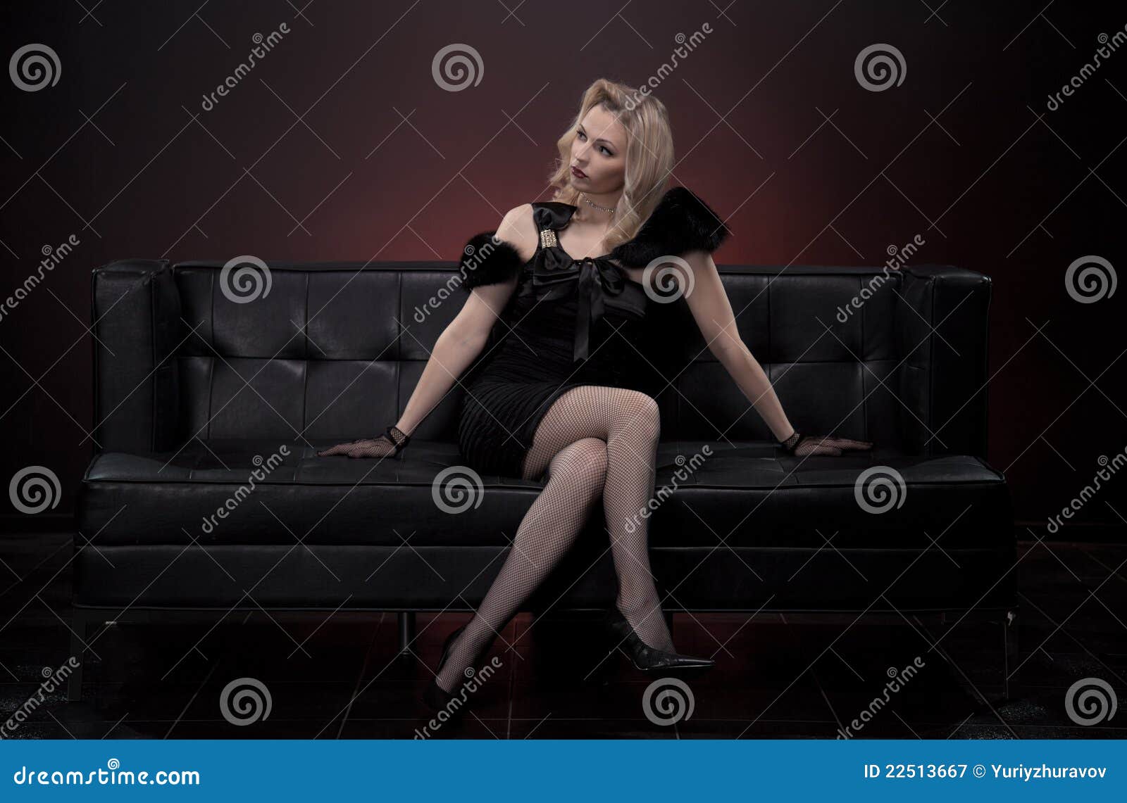 Retro Woman Sitting on Black Sofa Stock Image - Image of home, black ...