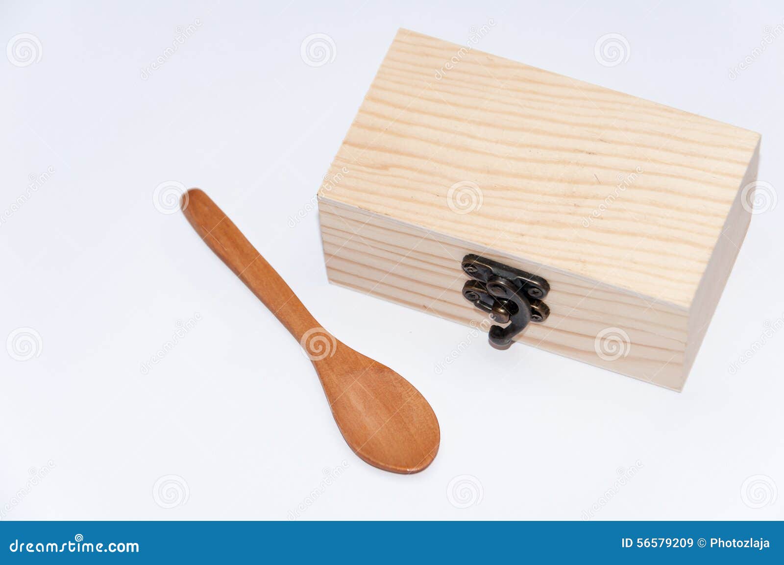 Retro Wooden Box with a Wooden Spoon Over White Surface Stock Image ...