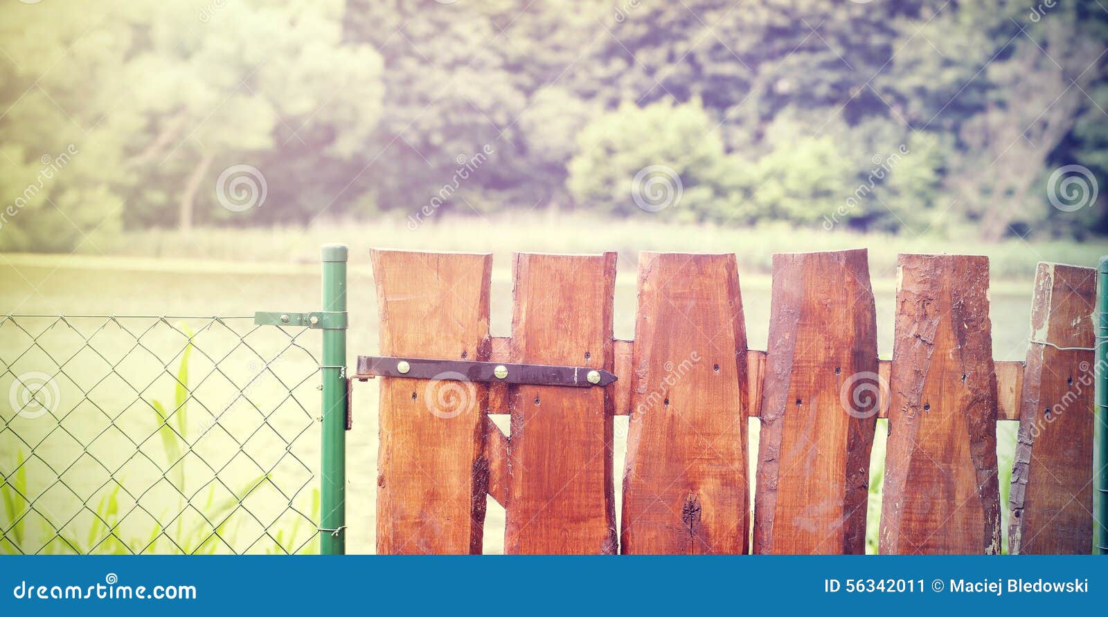 Retro Wooden Garden Gate and Wire Fence Stock Image - Image of ...