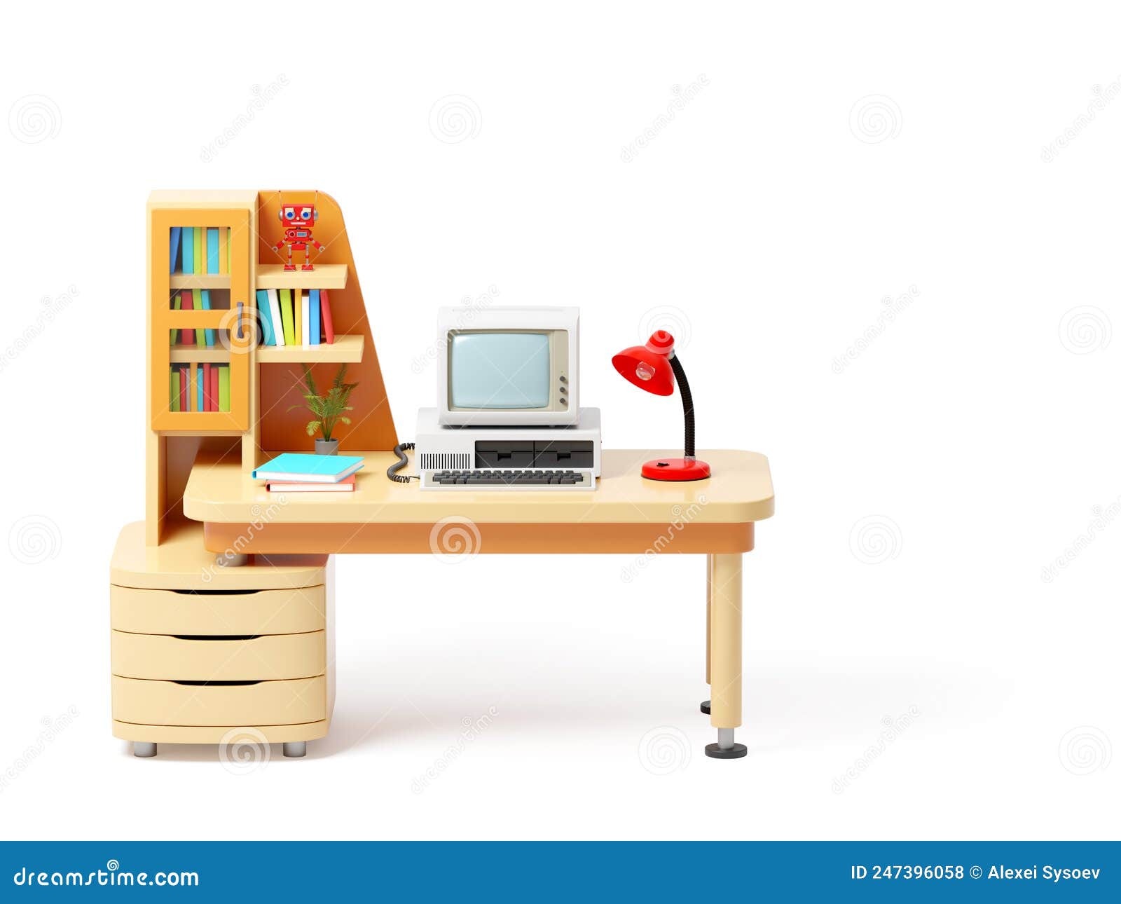 Retro Workspace with Computer Stock Illustration - Illustration of ...