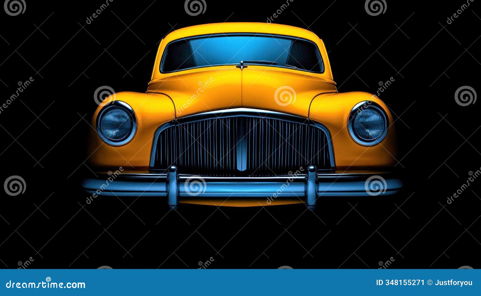 Retro Yellow Car Front View on Black Background Stock Illustration ...