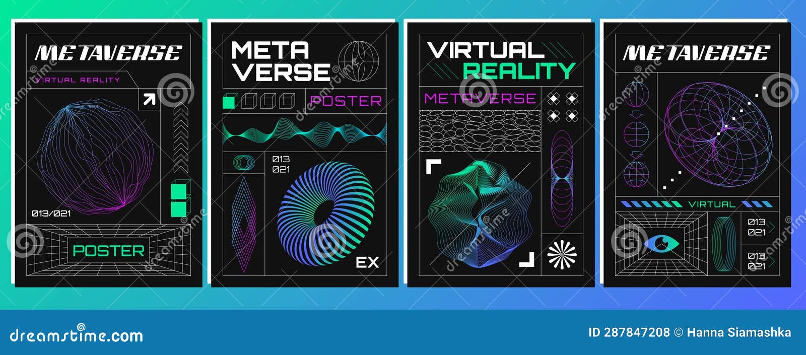 Set Of Retrofuturistic Posters With Hud Elements Perspective Laser