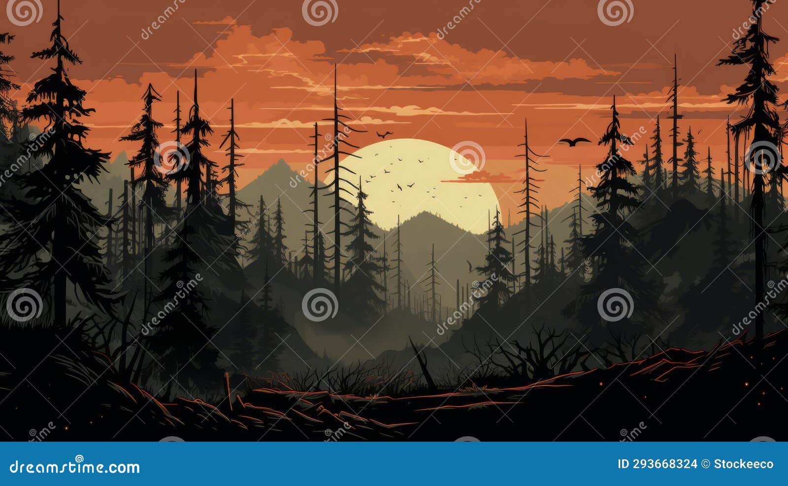 Retrospective 8-bit Illustration: Sunset Over Decaying Cypress Forest ...