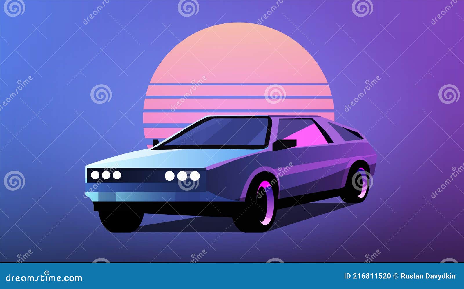 Retrowave Car 80s Against the Background of the Striped Sun Vector ...