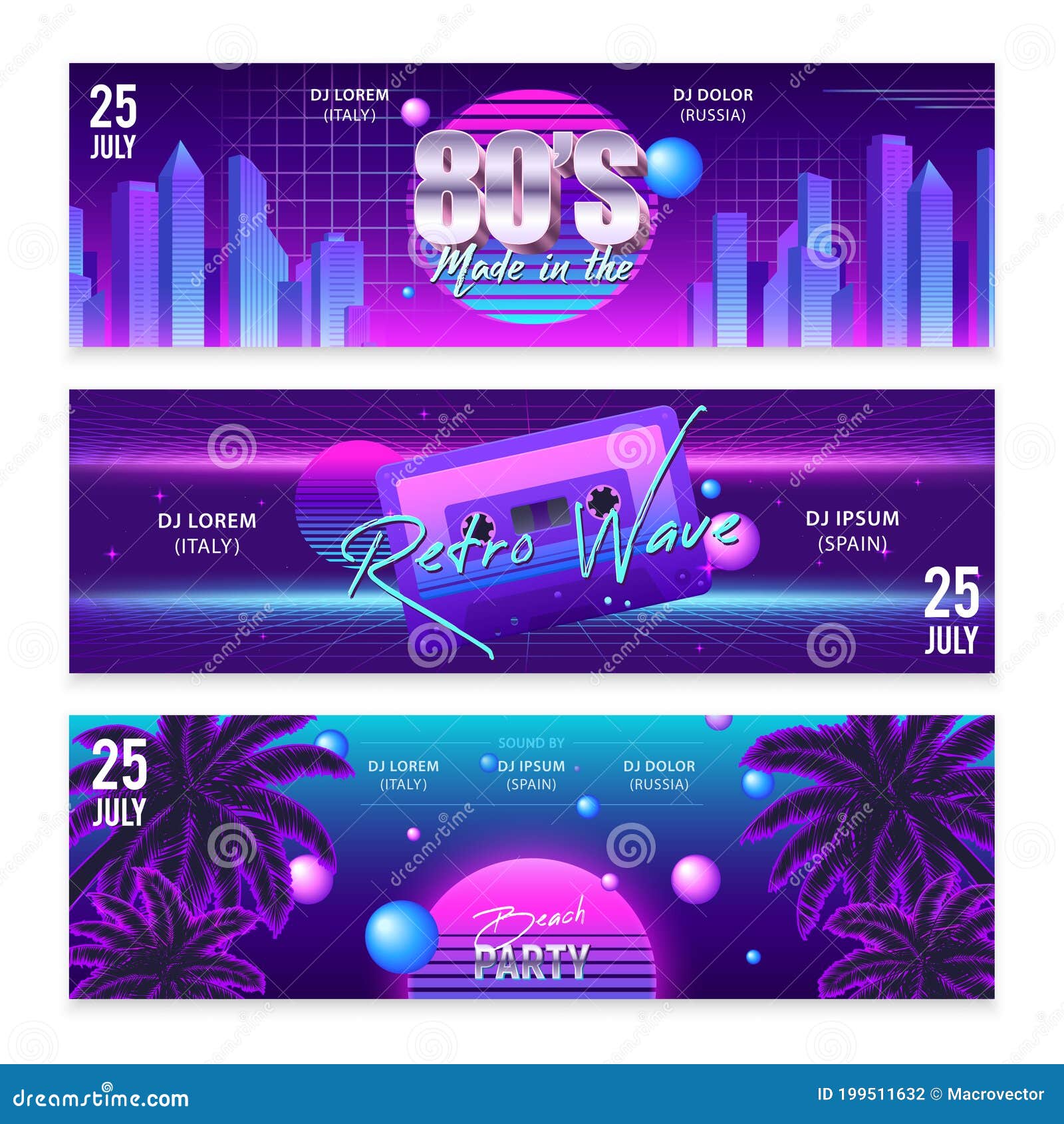 Retrowave Horizontal Banners Set Stock Illustration - Illustration of ...