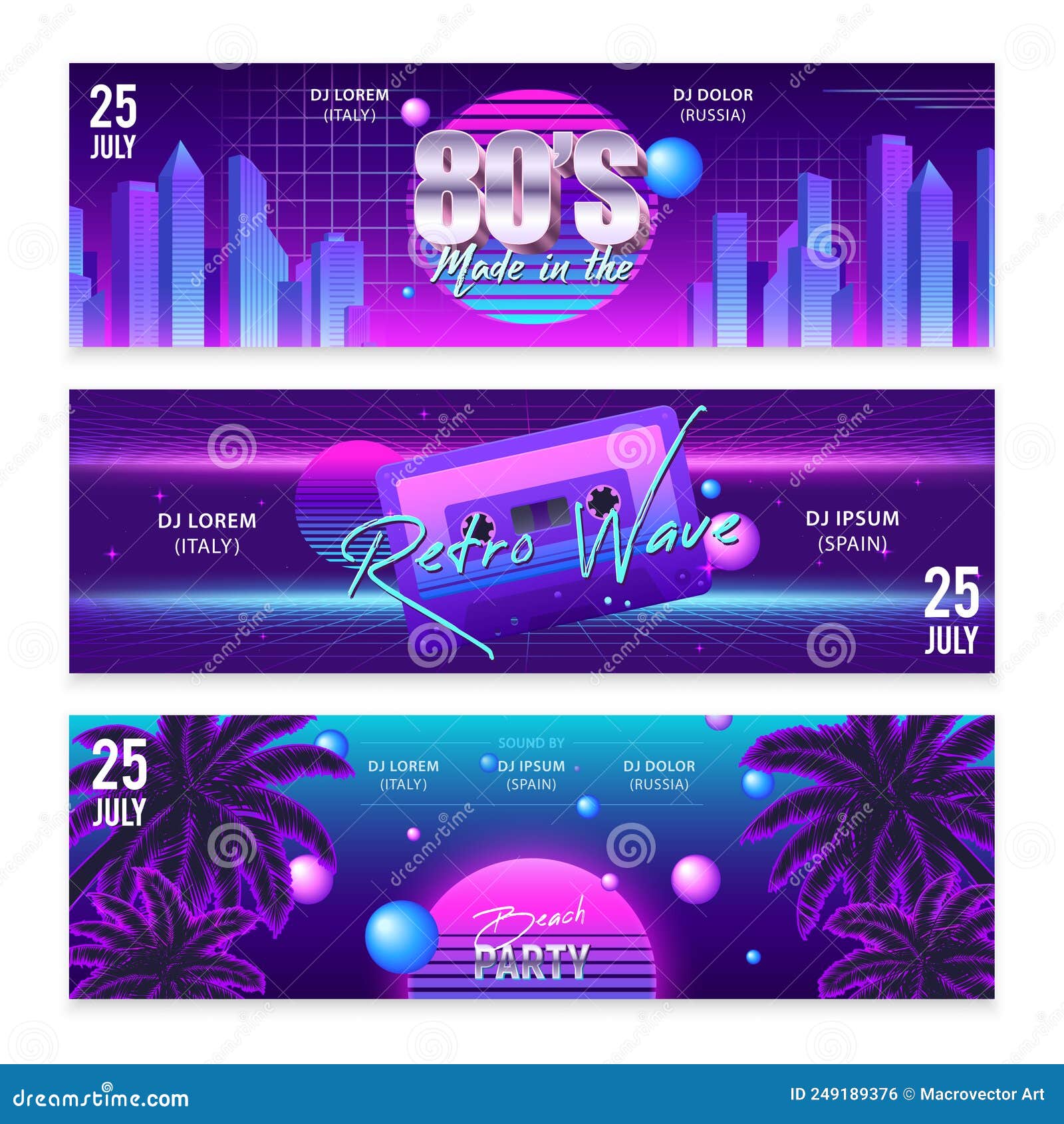 Retrowave Horizontal Banners Set Stock Vector - Illustration of grid ...