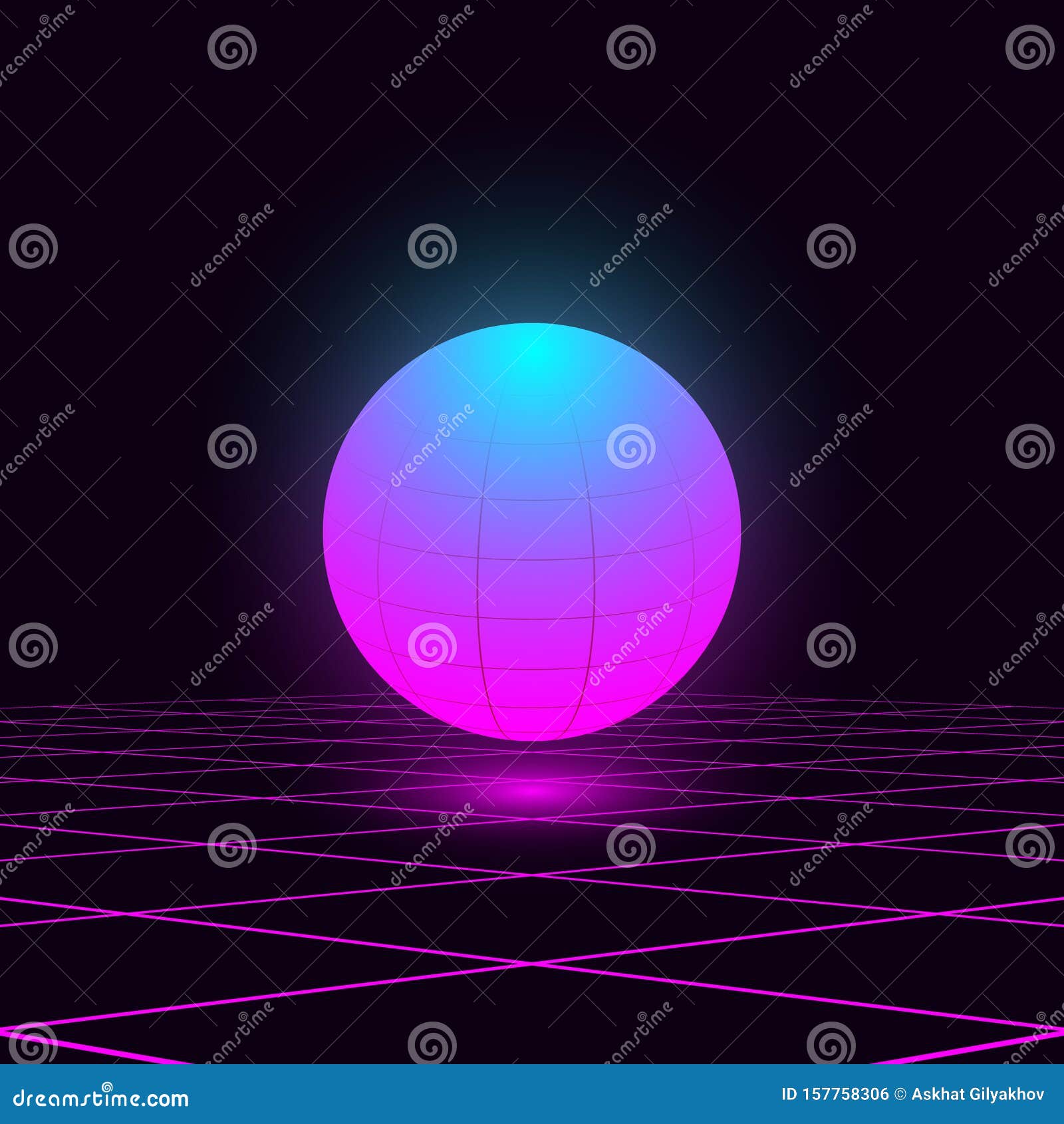Retrowave Illustration Glowing Vivid Blue Pink Sphere Float In The ...