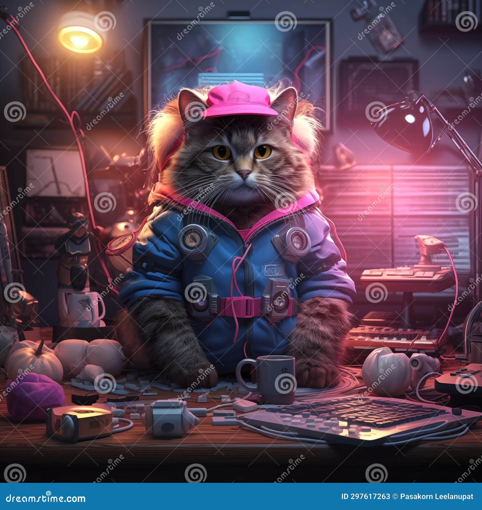 A Retrowave Portrait of a Cat with Gadgets and Everyday Objects Stock ...