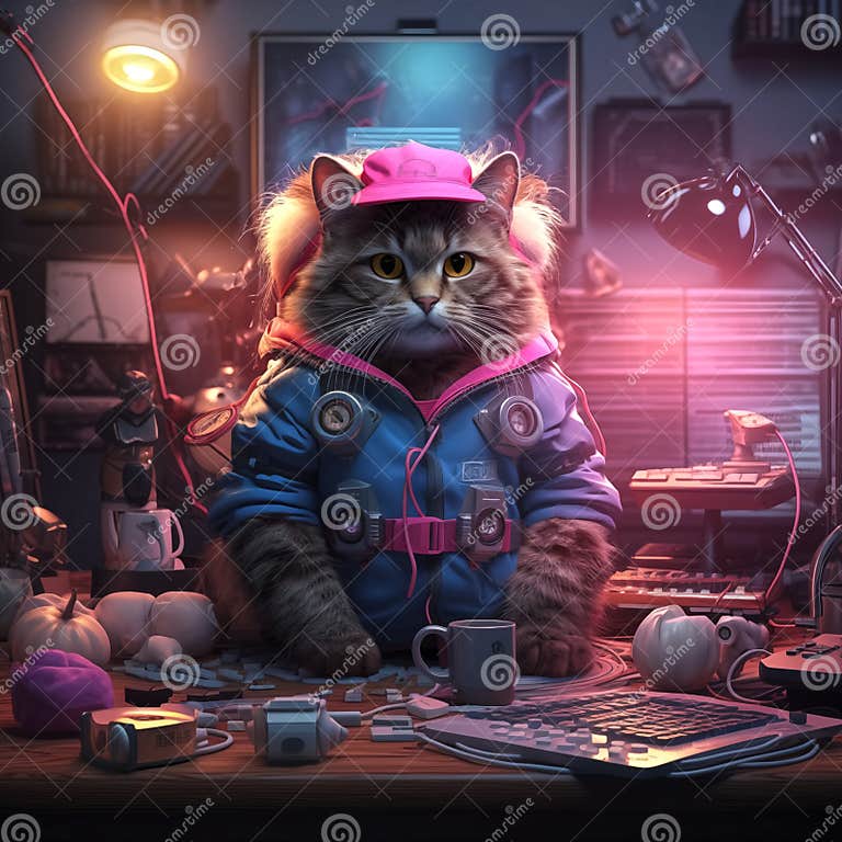 A Retrowave Portrait of a Cat with Gadgets and Everyday Objects Stock ...