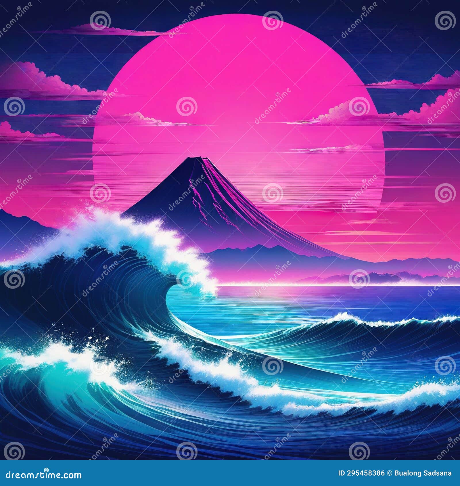 Retrowave or Synthwave Landscape with Retro Synthwave Color Ocean Pixel ...