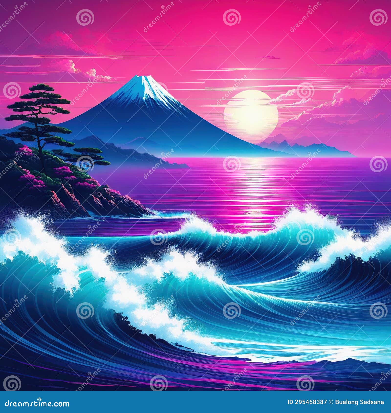 Retrowave or Synthwave Landscape with Retro Synthwave Color Ocean Pixel ...