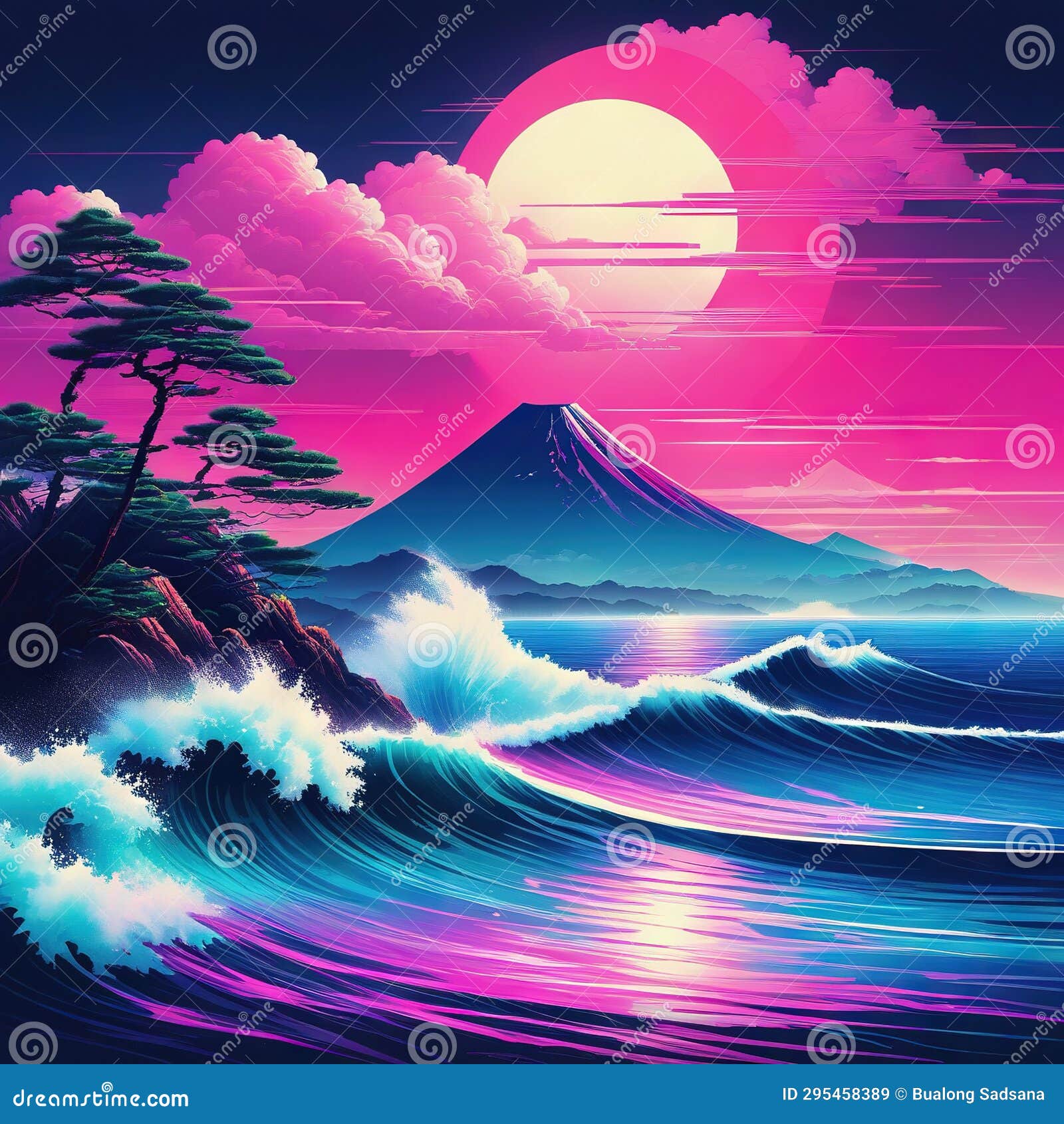 Retrowave or Synthwave Landscape with Retro Synthwave Color Ocean Pixel ...