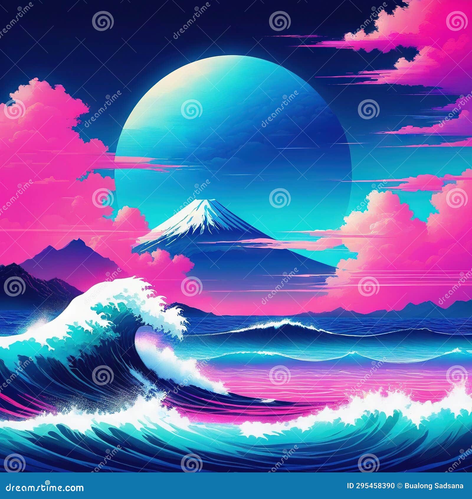 Retrowave or Synthwave Landscape with Retro Synthwave Color Ocean Pixel ...
