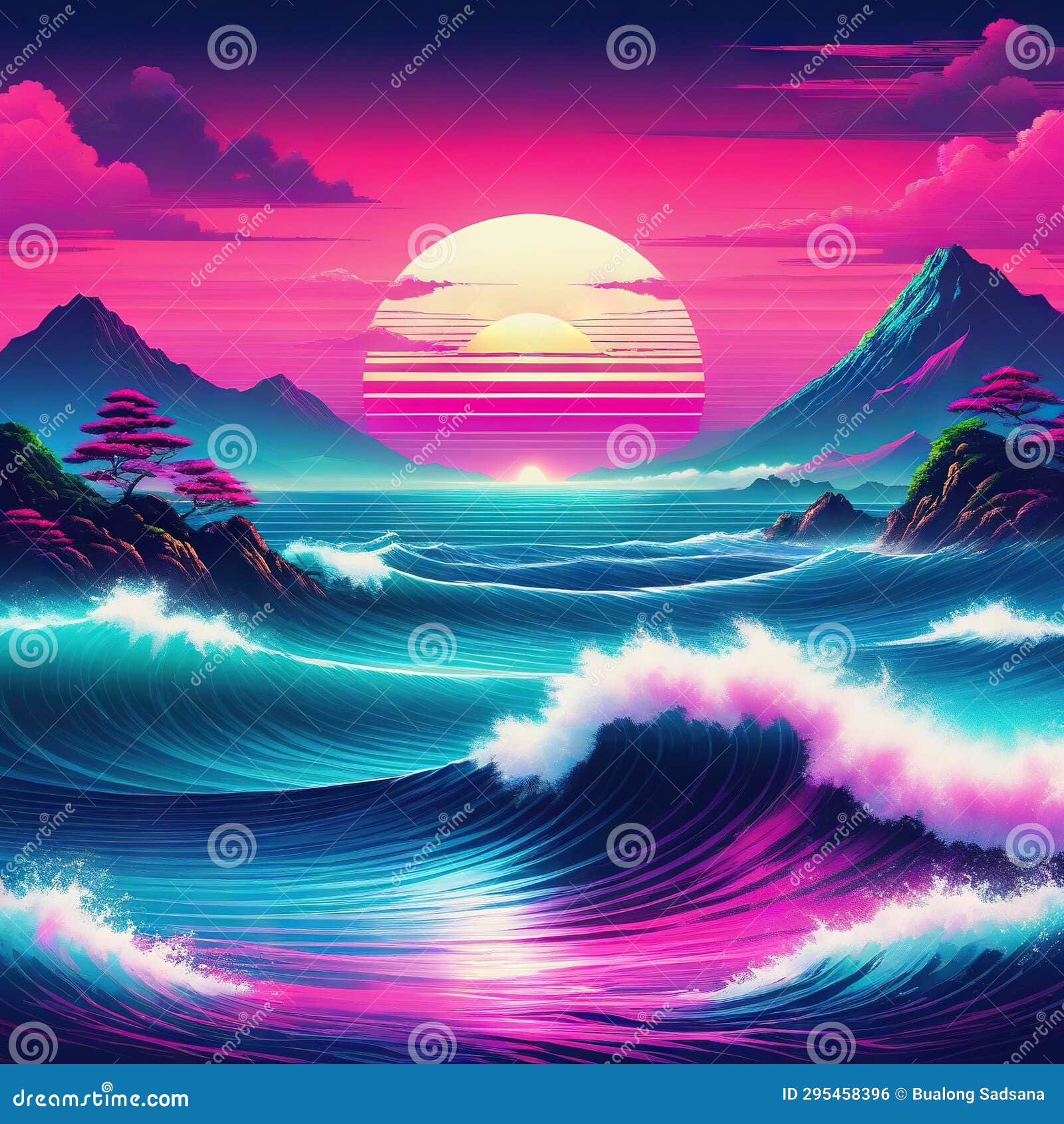 Retrowave or Synthwave Landscape with Retro Synthwave Color Ocean Pixel ...