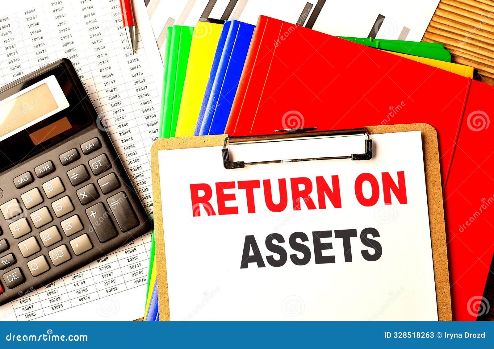 RETURN on ASSETS Text on Clipboard with Calculator and Color Folder ...