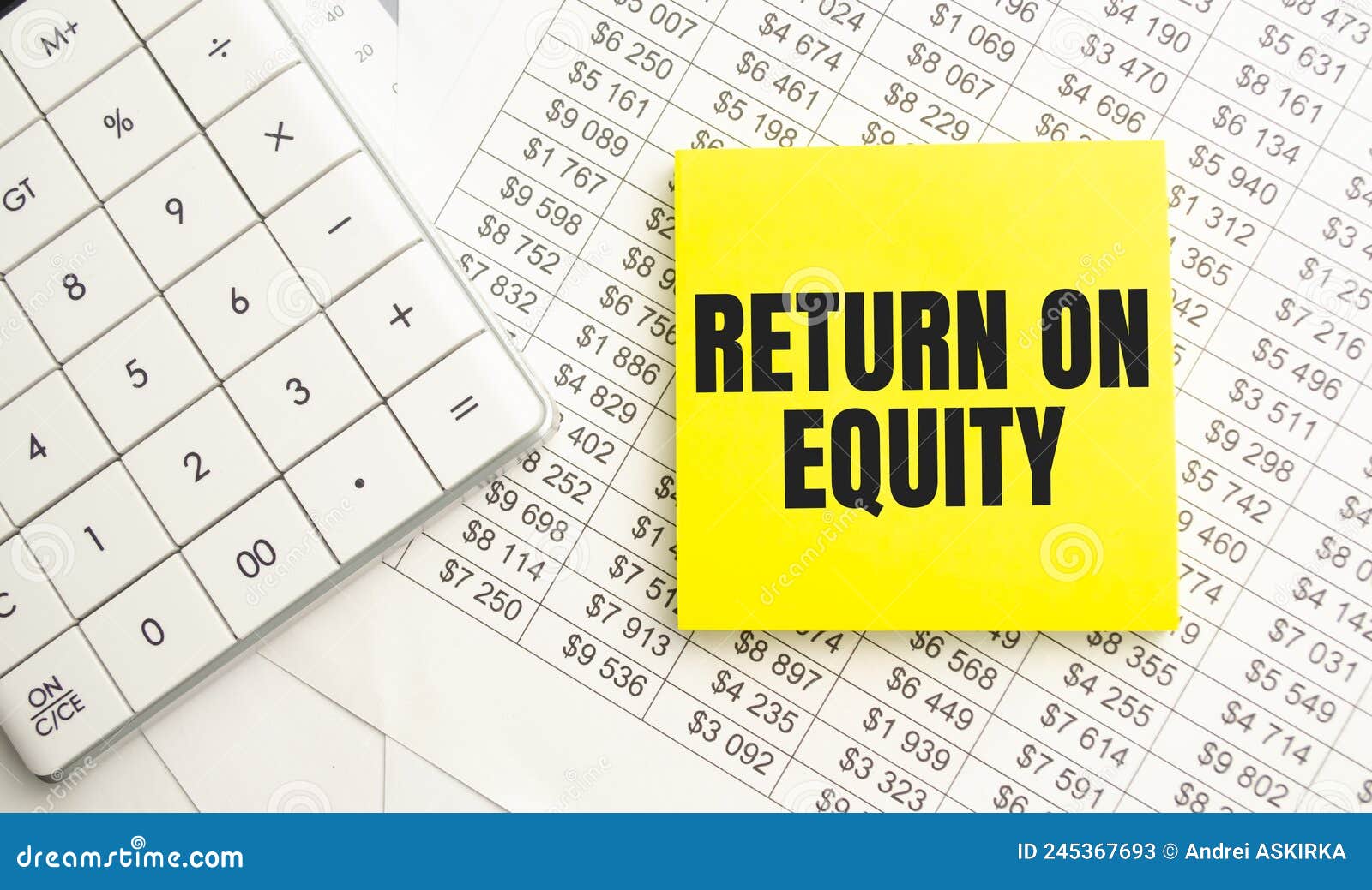 RETURN on EQUITY Text on Sticker with Calculator, Glasses and Magnifier ...