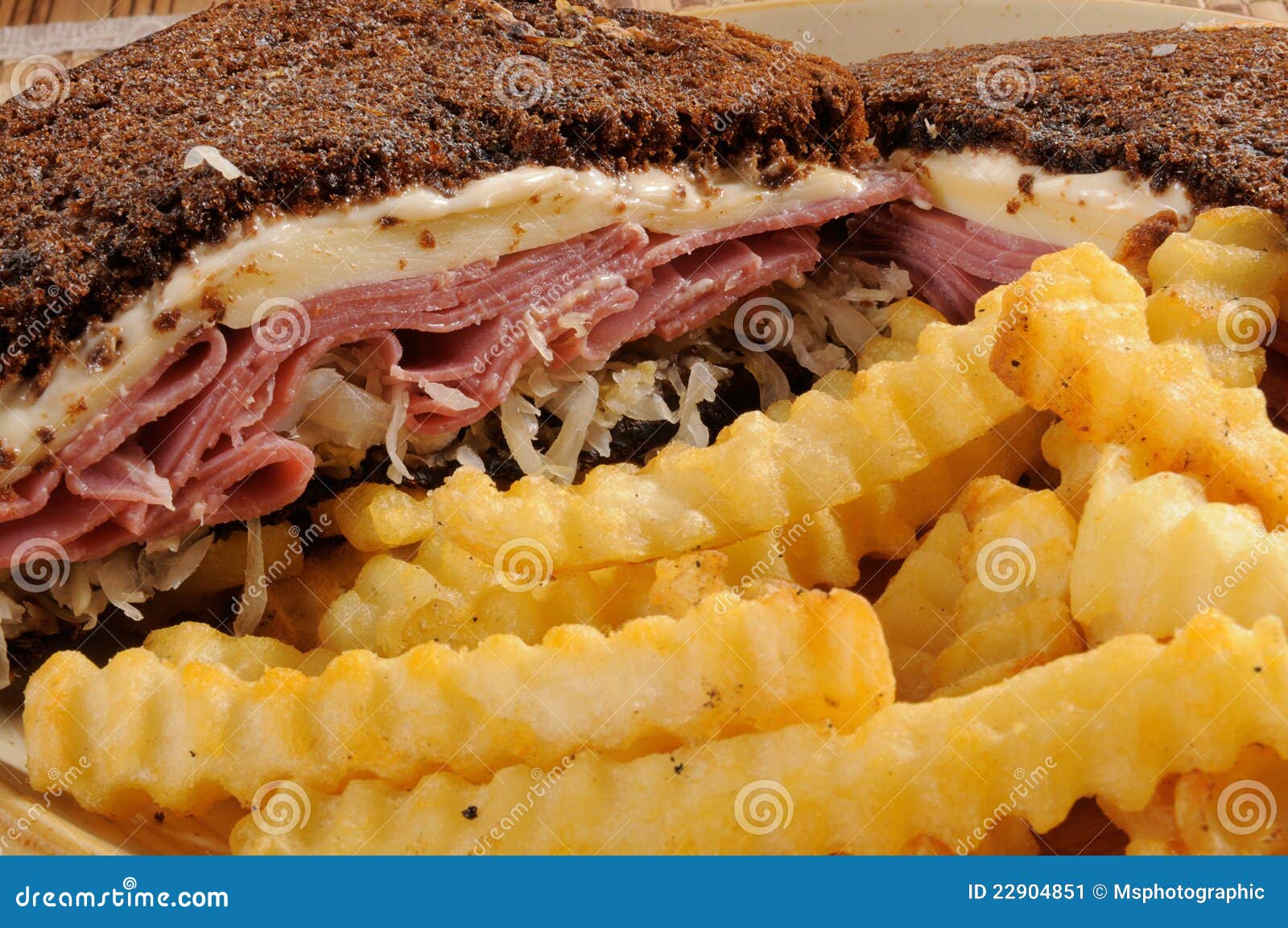 Reuben Sandwich and Fries Closeup Stock Image - Image of meal, close ...