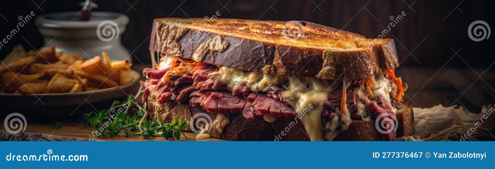 Reuben Sandwich On Stone Rustic Pub Wide Panoramic. Generative AI Stock ...