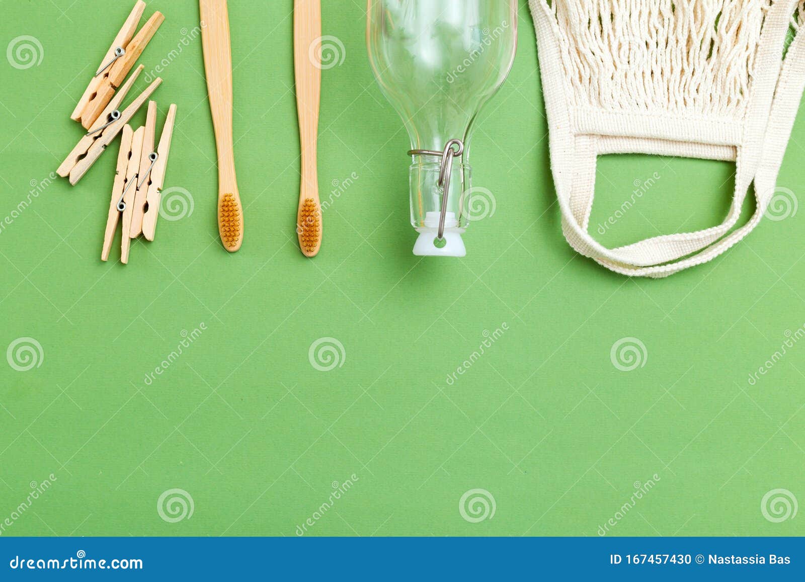 Reusable Bag. Organic Items on Green Background. Copy Space Stock Photo ...