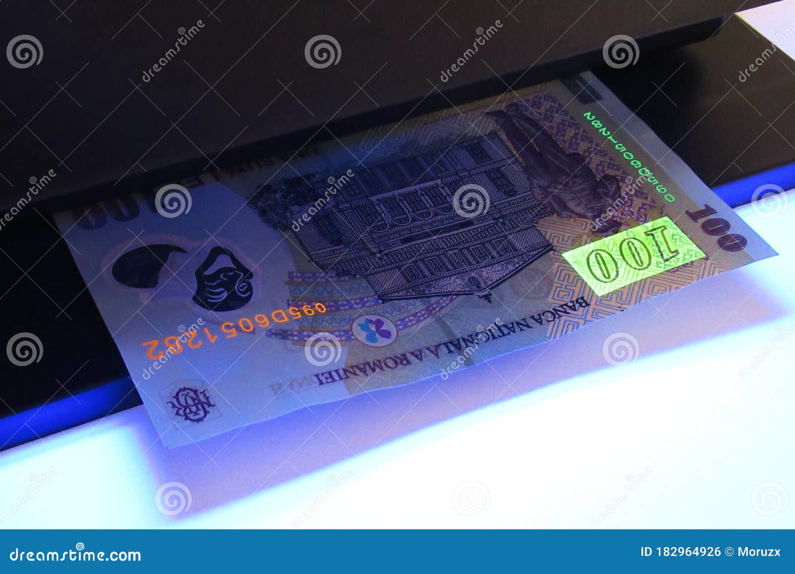 Money Banknote UV Testing. Security Features Check. Stock Photo - Image ...