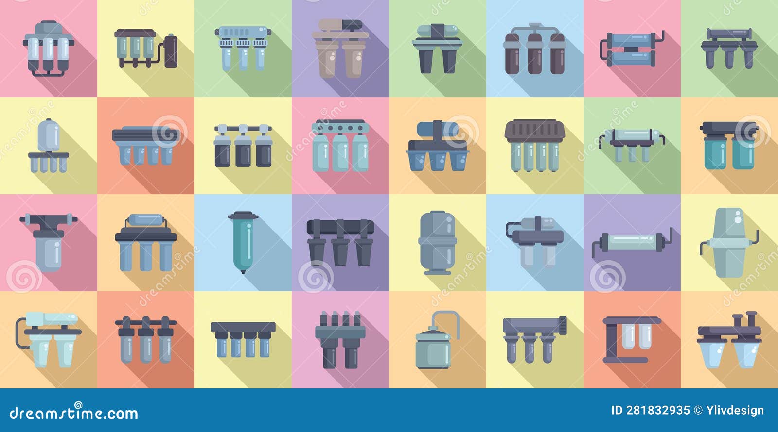Reverse Osmosis System Icons Set Flat Vector. Aqua Filter Stock Vector ...