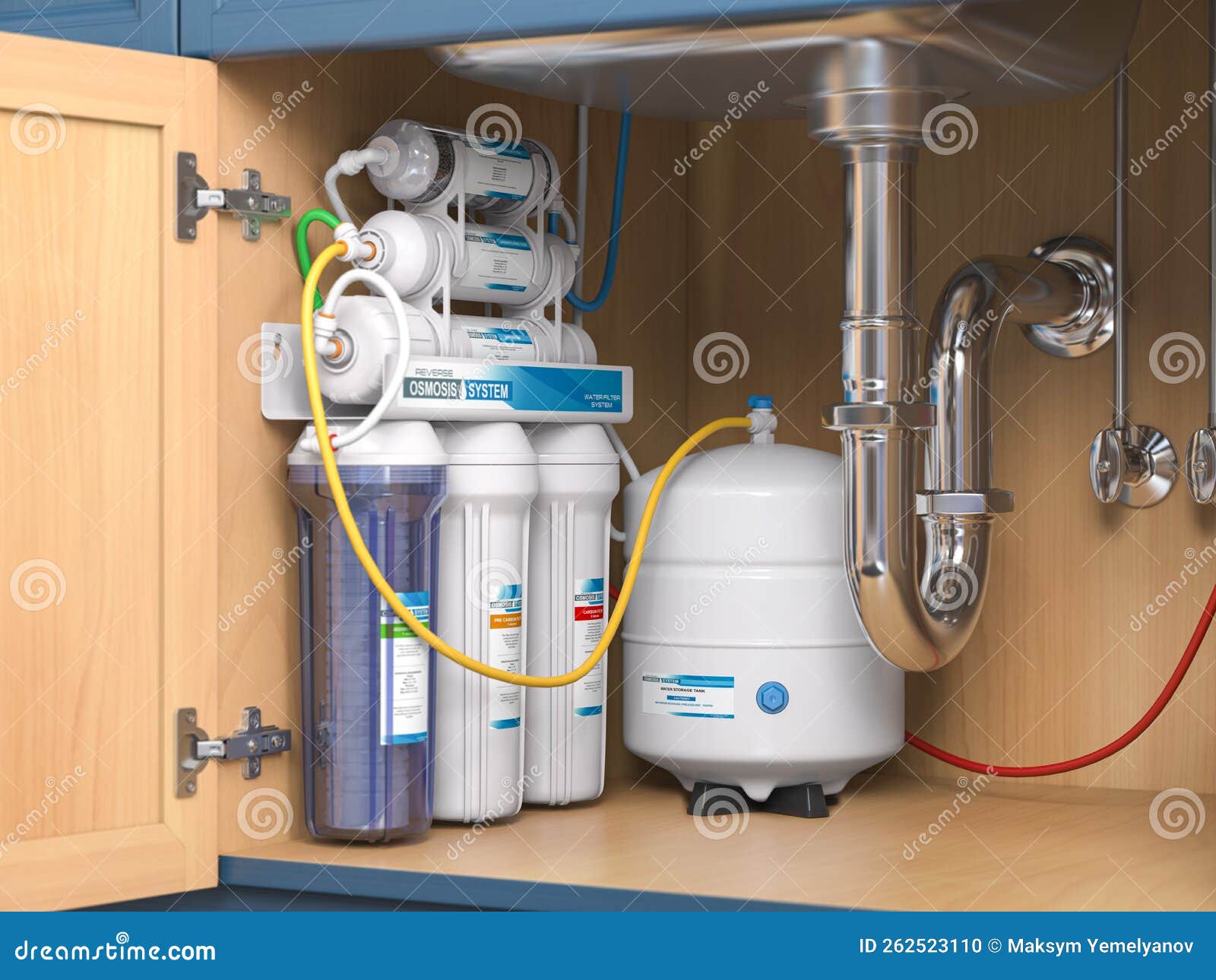 Reverse Osmosis Water Purification System Under Sink in a Kitchen ... Reverse Osmosis Water Purification System Under Sink in a Kitchen ...