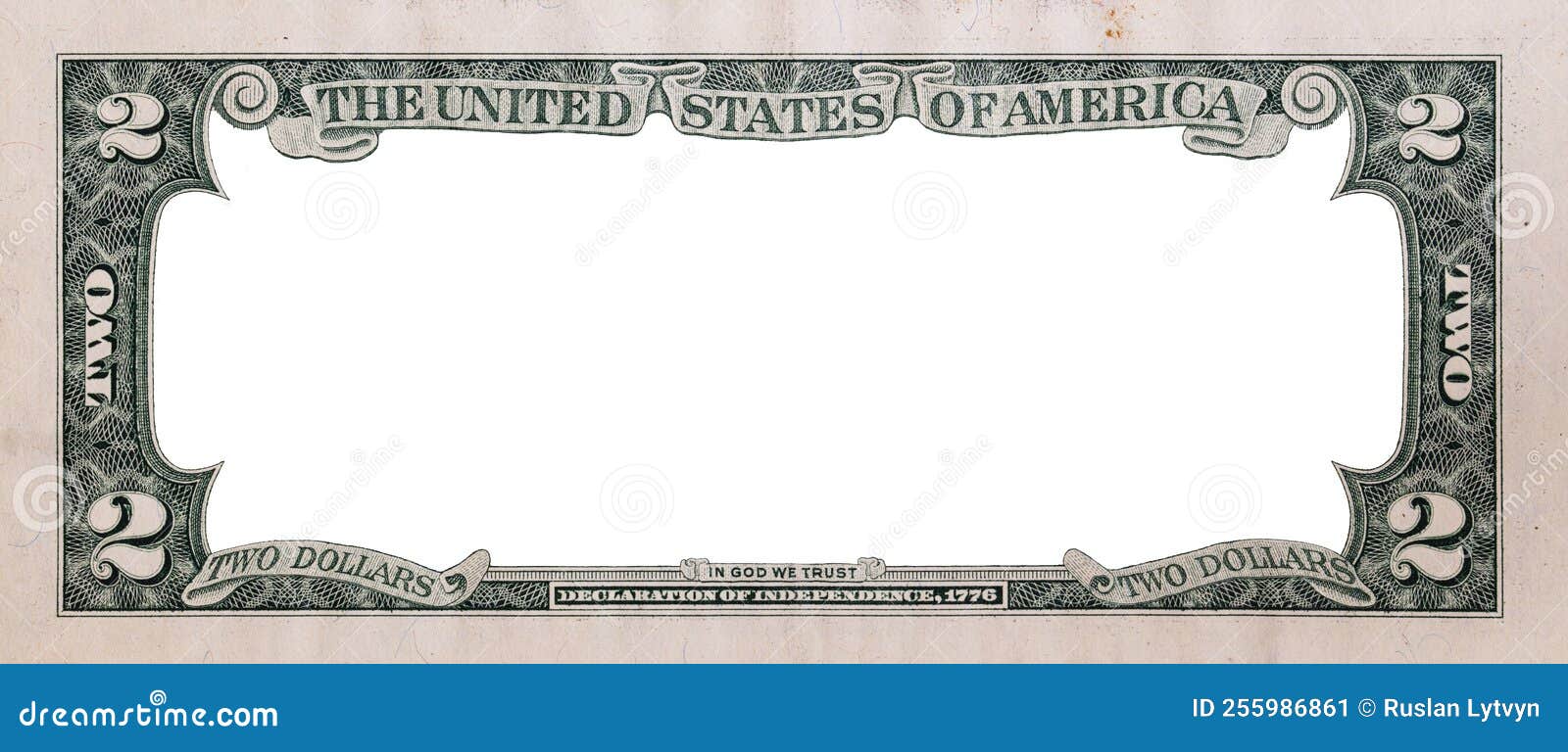 Reverse of 2 US Dollar Banknote with Empty Transparent Middle Area ...