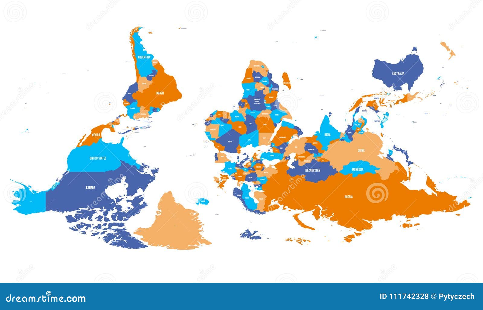 Reversed Or Upside Down Political Map Of World. South-up Orientation ... Reversed Or Upside Down Political Map Of World. South-up Orientation ...