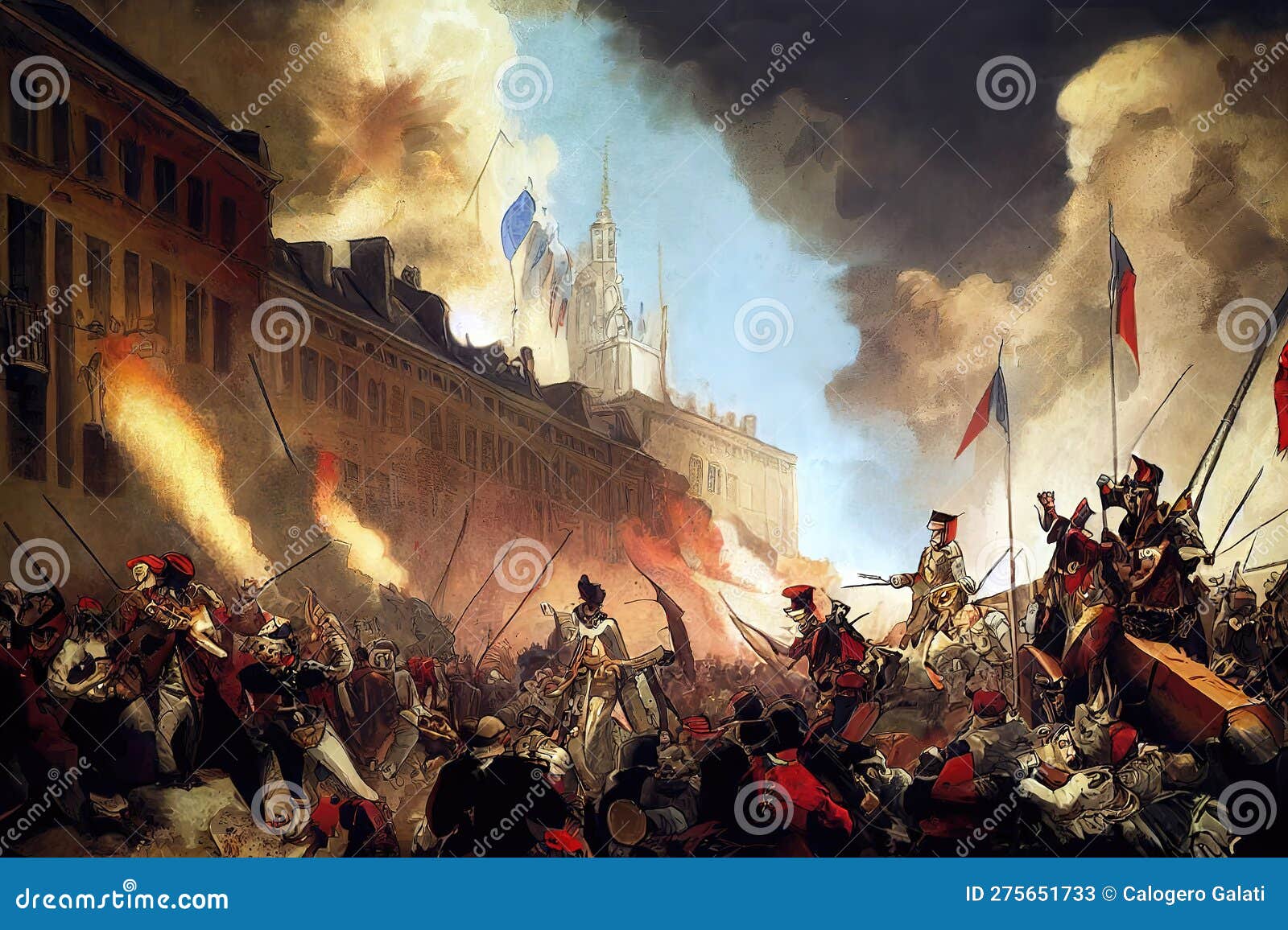 Revolution Scenery with Firefights and Flags, Ai Generated Image Stock ...