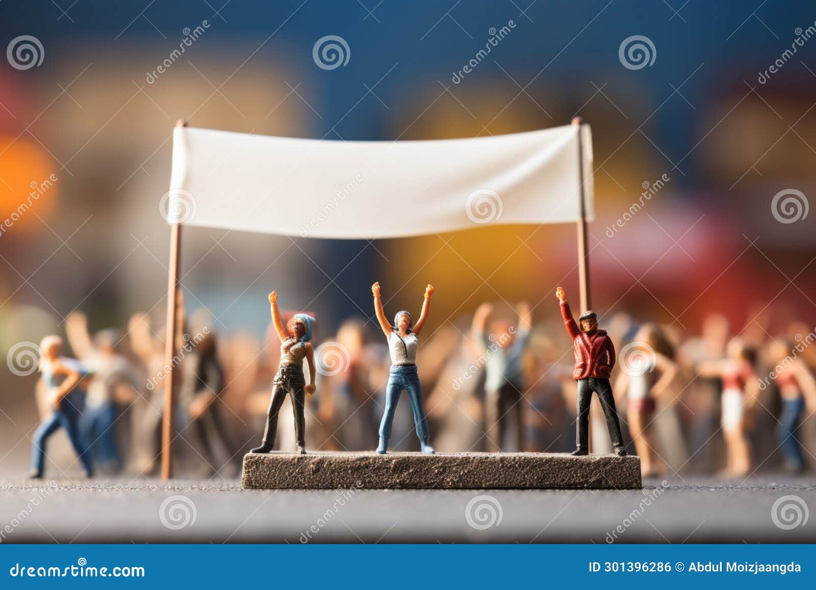 Revolution Symbolism Miniature Protesters with Signs, Hands Raised in ...