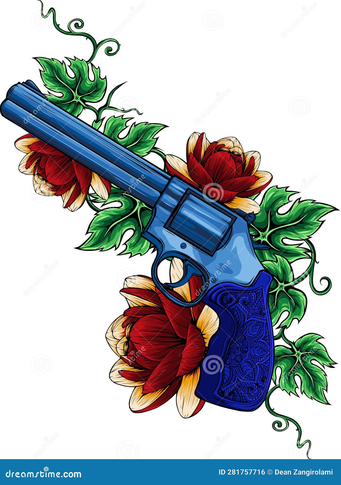 Vector Illustration of Revolver and Flowers Color Stock Vector ...