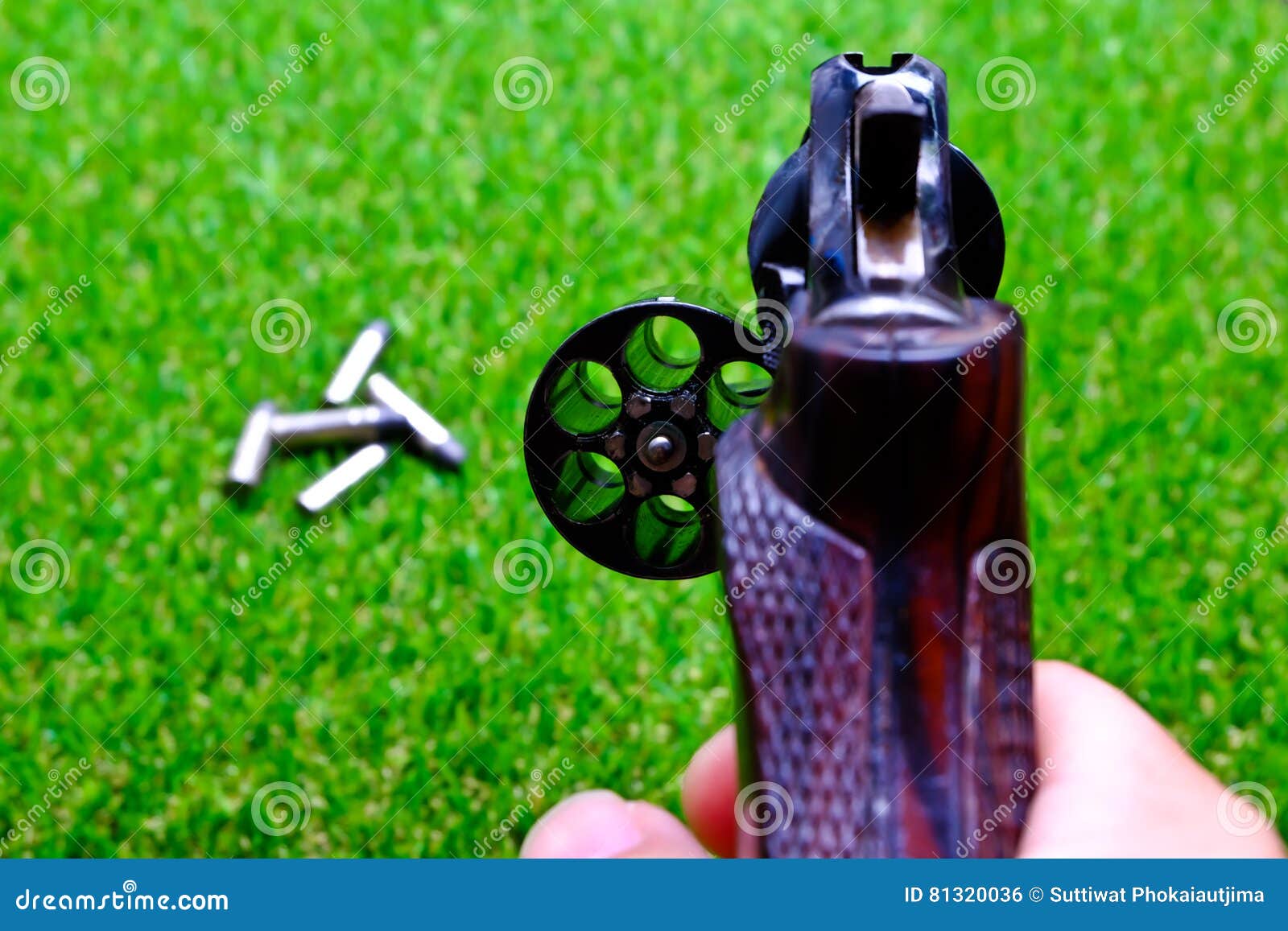 Revolver Gun in Hand on Grass Background Stock Photo - Image of ...