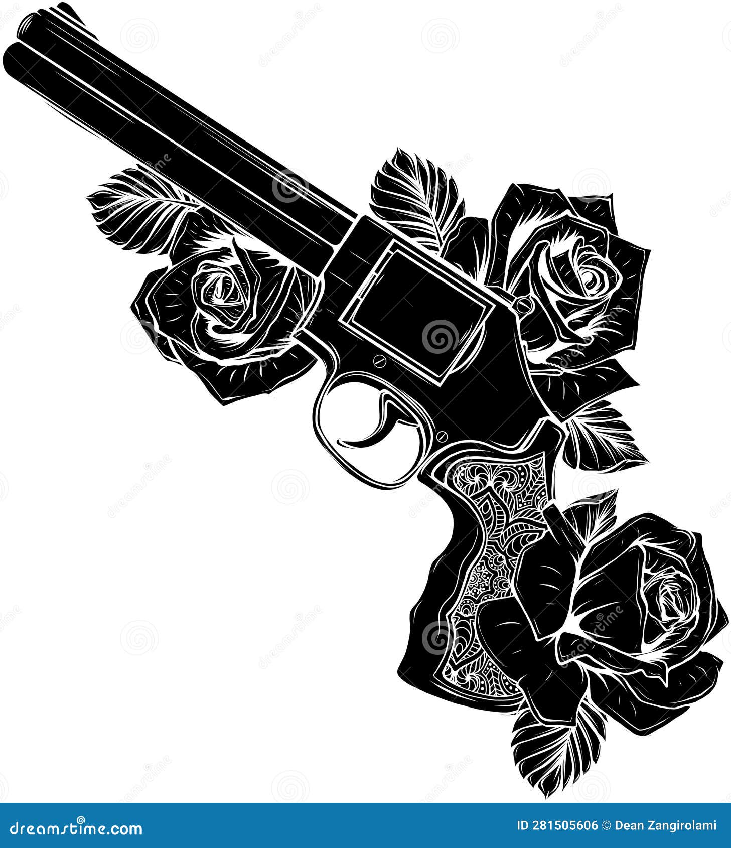 Black Silhouette of Revolver with Rose Isolated on White Stock Vector ...