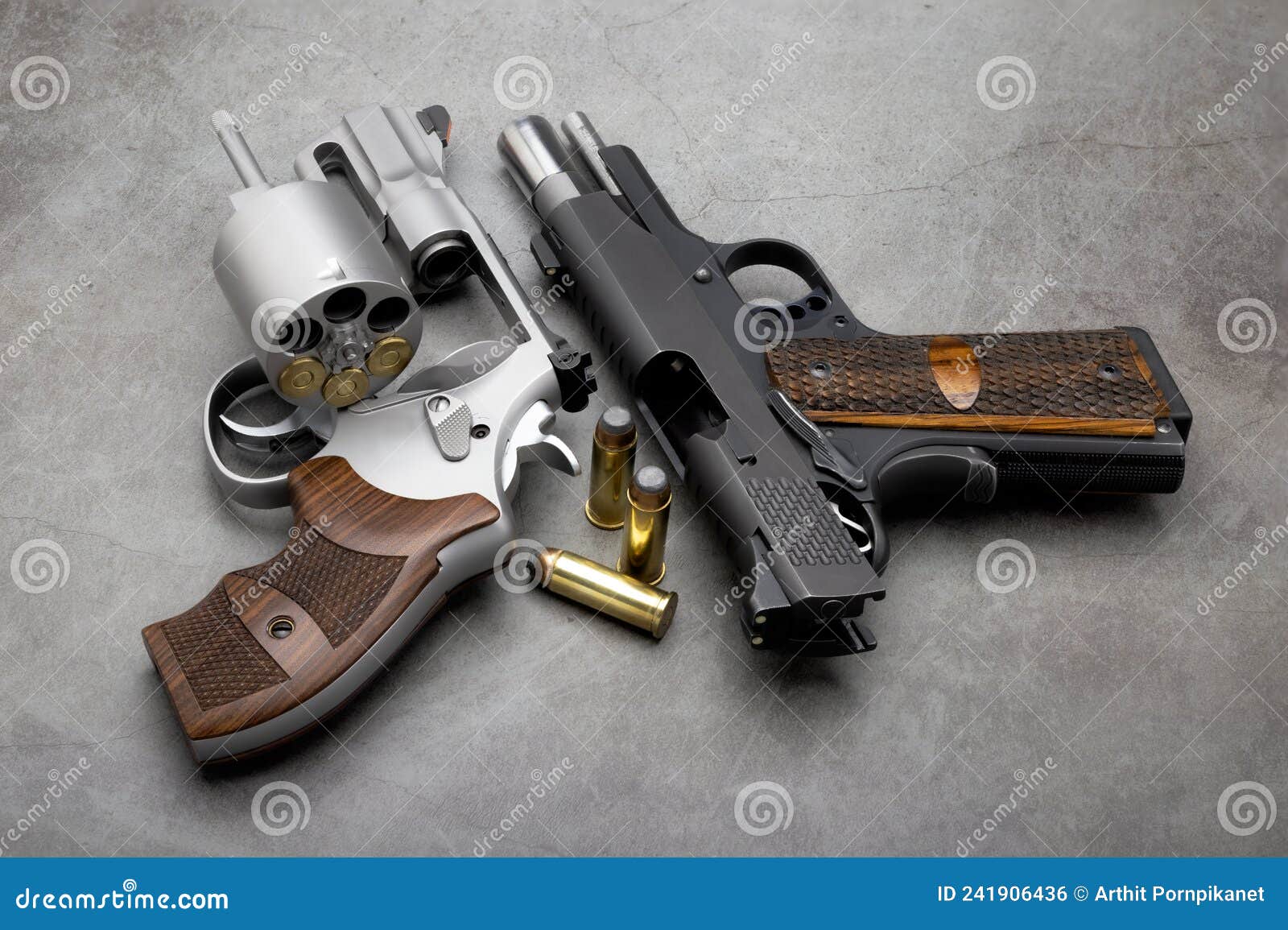Revolver and Semi Automatic Pistol Hand Gun with Bullets on Texture ...