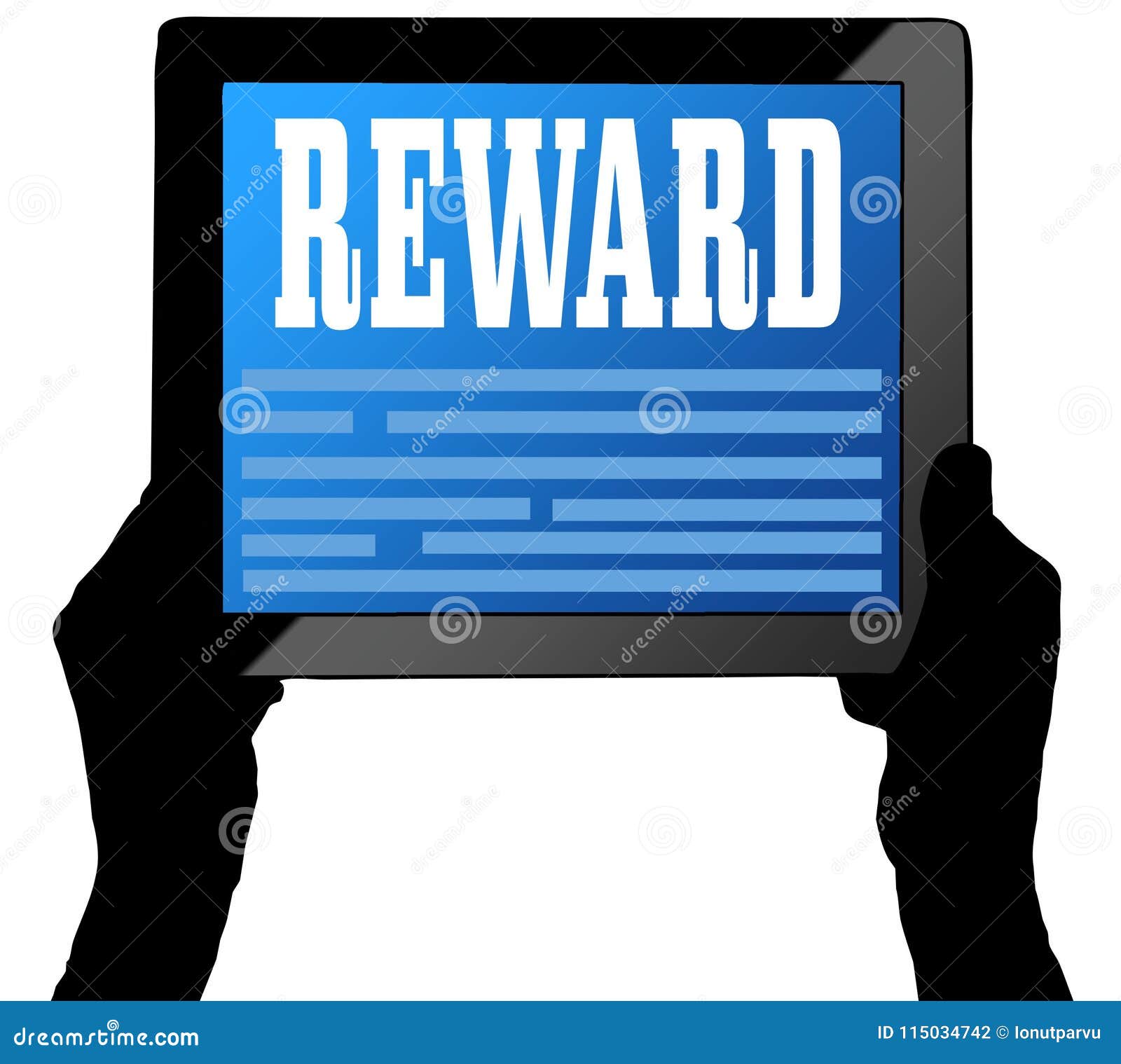REWARD on Tablet Screen, Held by Two Hands. Stock Illustration ...