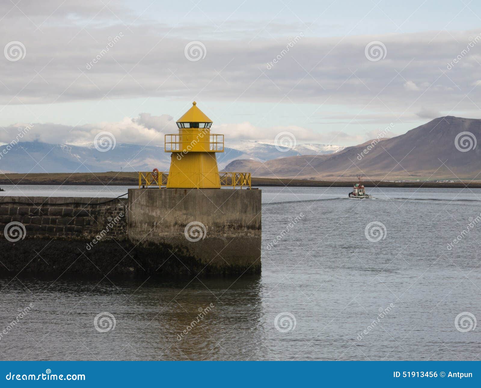 Reykjavik Harbor Yellow Lighthouse Stock Photo - Image of city, ocean ...