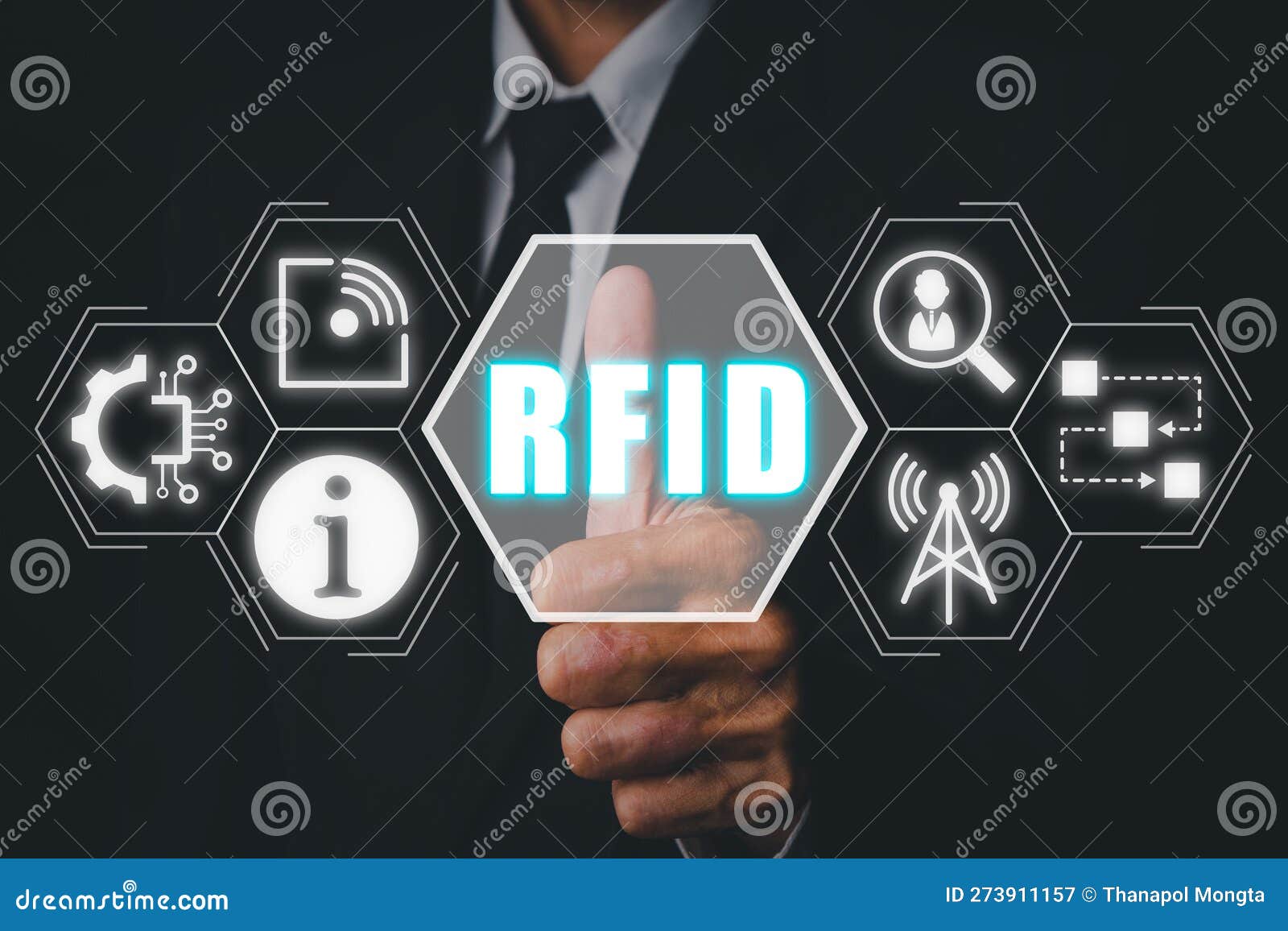 Businessman Hand Touching Radio Frequency Identification Icon on ...
