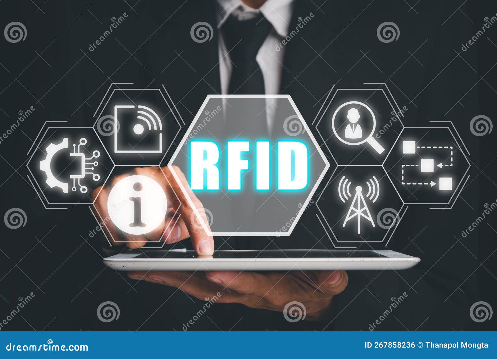 Radio Frequency Identification Concept, Person Using Digital Tablet and ...