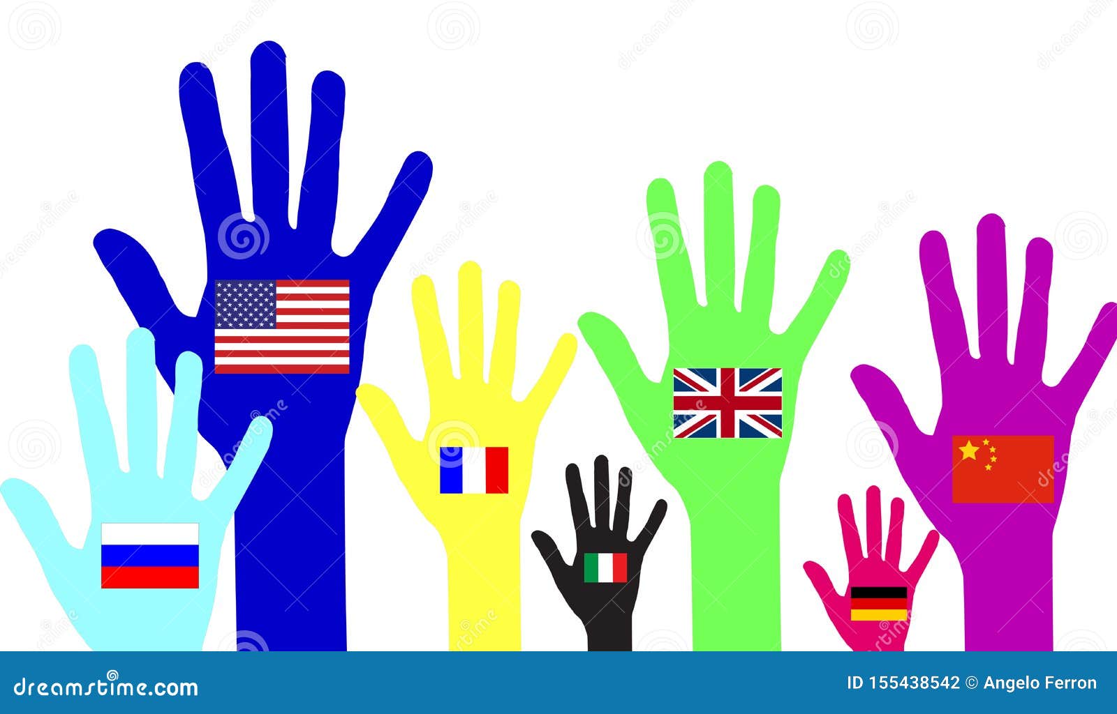 Colored Hands of Various Sizes with Flags in the Palm of the Hand Stock ...