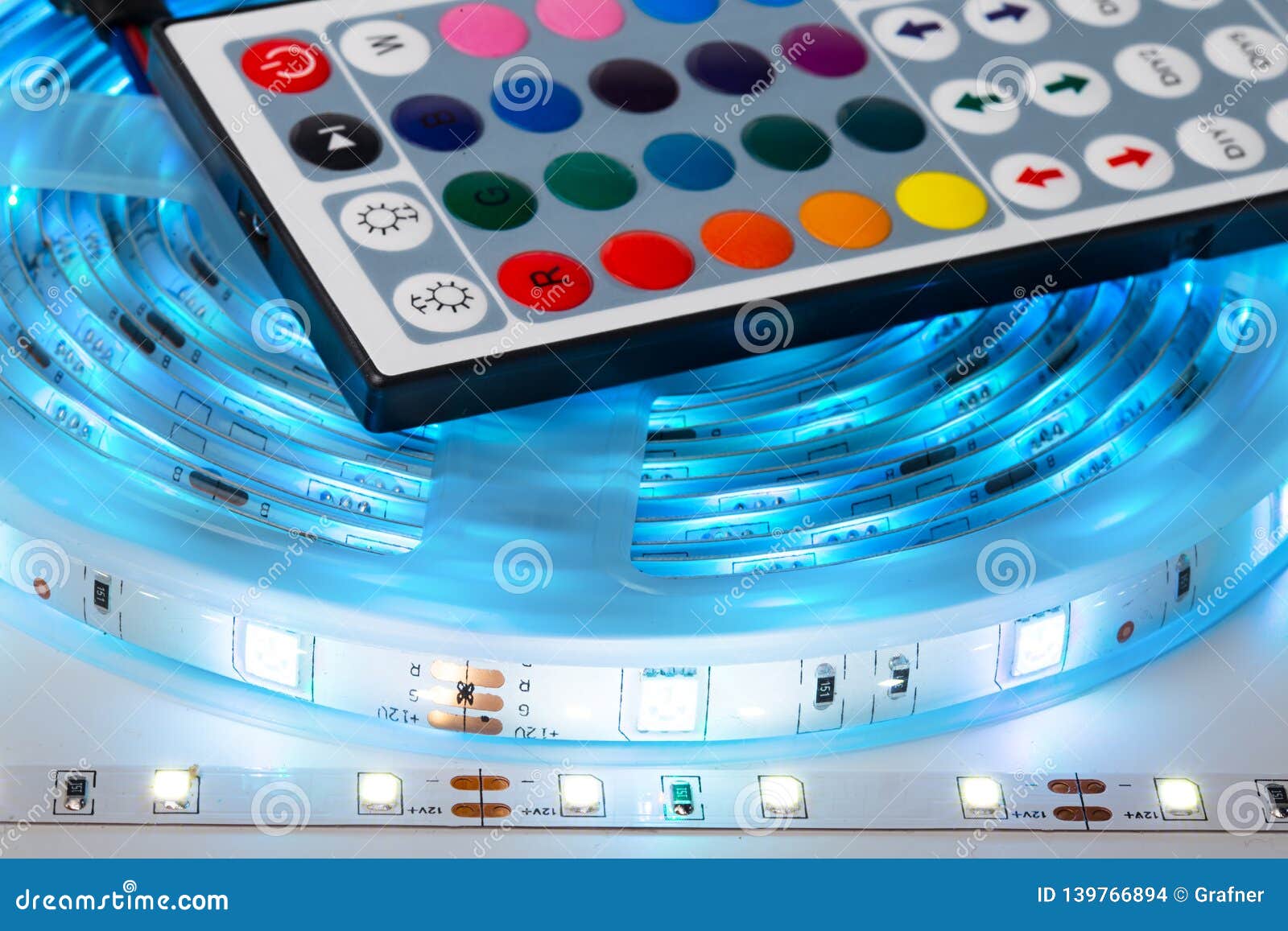 RGB LED Light Strip with Remote Control in Front of White Background ...