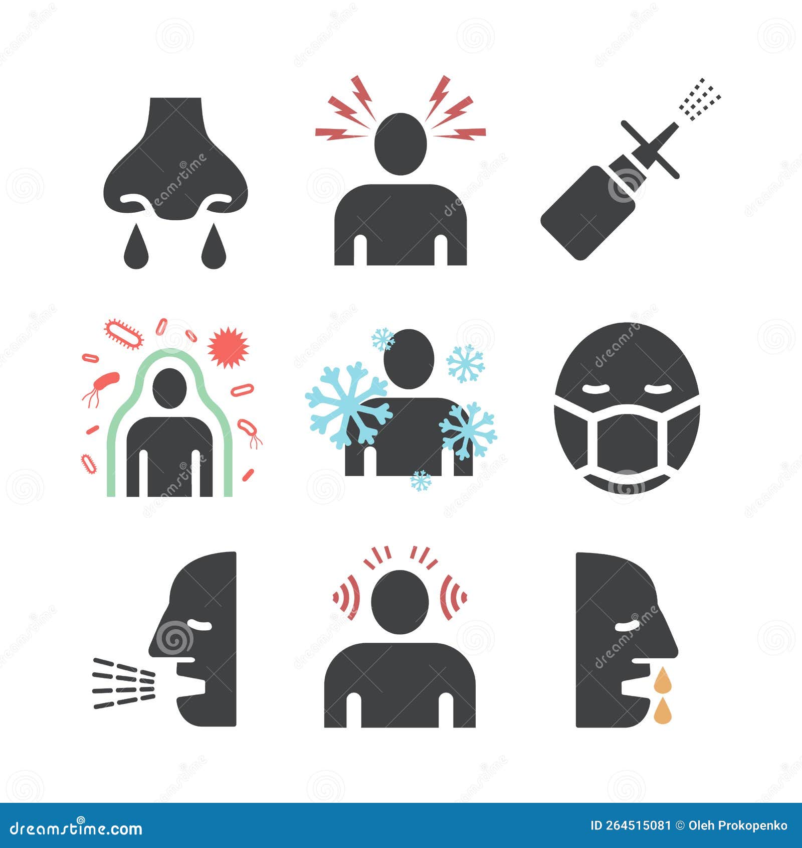 Rhinitis Icons Set. Symptoms, Treatment. Icons Set. Vector Signs for ...