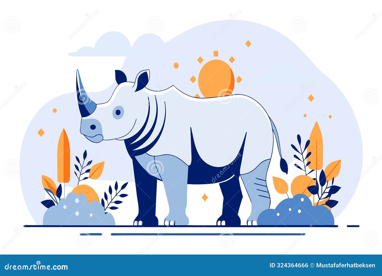 A Rhino is Depicted in a Sunset Scene with Stylized Plants and Sun ...